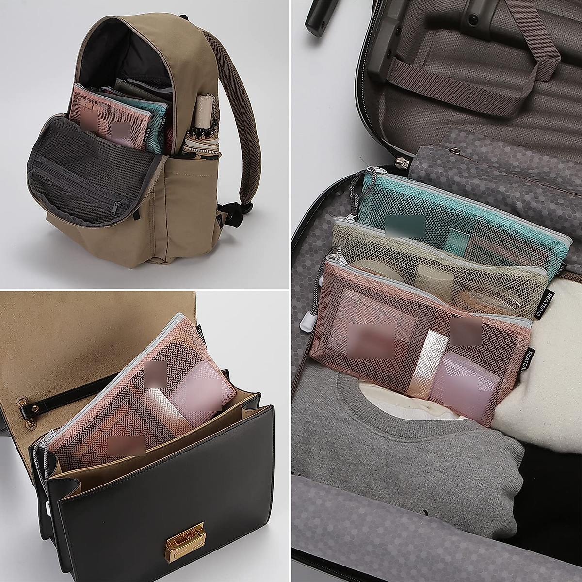 Sea Team 6pcs Multicolored Portable Travel Toiletry Pouch Nylon Mesh Cosmetic Makeup Organizer Bag with Zipper