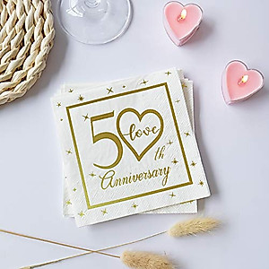 50th Anniversary Cocktail Napkins Gold Foil Print | Golden Wedding Anniversary Celebrations Party Favor Supplies & Decorations | 50-Pack 3-Ply | Folded 5 x 5 Inches Disposable Paper Beverage Napkins