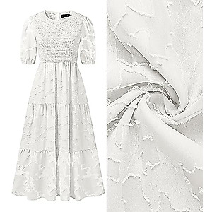 ZESICA Women's 2023 Summer Short Puff Sleeve Crewneck Smocked Floral Lace Flowy A Line Tiered Midi Dresses,White,Medium