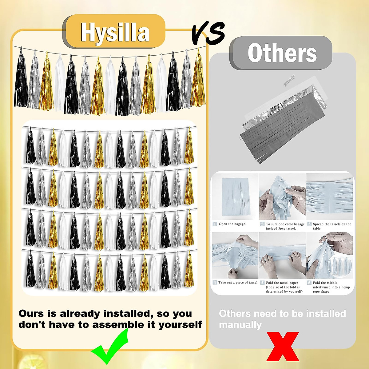 8P Black Gold Silver Foil Fringe Metallic Tassel Garland, Tassels Banner Streamers for Parade Floats, Bachelorette, Wedding, Birthday, Halloween, Christmas, Bridal/Baby Shower Party Decorations