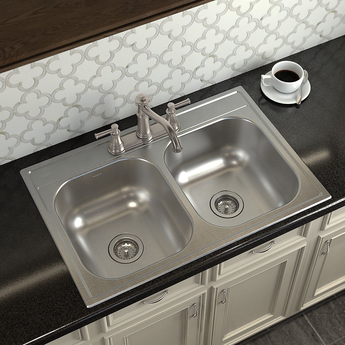 Moen GS202133Q 2000 Series 33-inch 20 Gauge Drop-in Double Bowl Stainless Steel Kitchen Sink, Featuring QuickMount