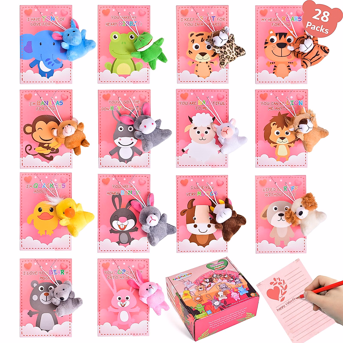FUN LITTLE TOYS 28 Packs Valentines Mini Plush Toy Set, Cute Stuffed Animal for Kids, Valentine Cards for Students, Classroom
