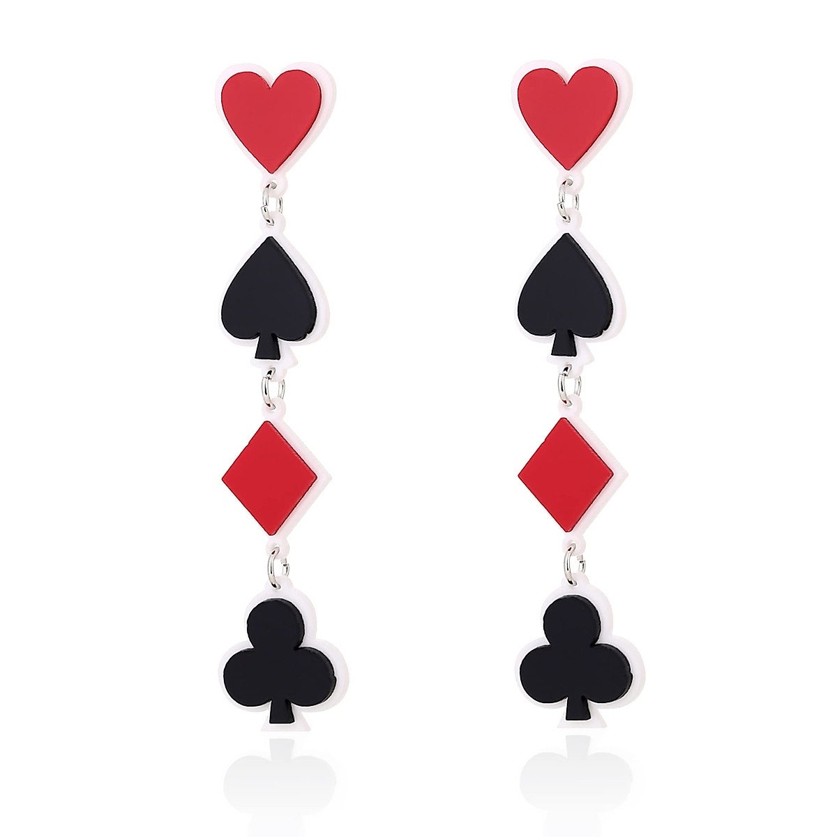 Unique Funny Playing Cards Pattern Dangle Drop Earring Personality Asymmetric Acrylic Spades Hearts Plum Poker Earrings for Women Gift Statement Nightclub Party Jewelry (Long Design)