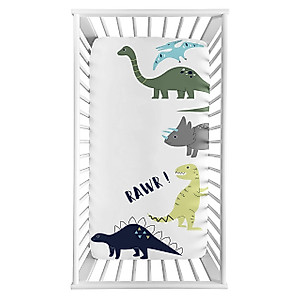 Sweet Jojo Designs Mod Dino Boy Fitted Crib Sheet Baby or Toddler Bed Nursery Photo Op - Blue, Green and Grey Rawr Modern Dinosaur