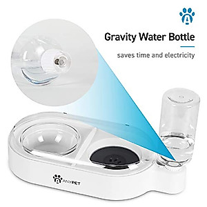 ANYPET 2-in-1 Gravity Water Bowl and Food Bowl, Anti-Spill Raised Sides, Anti-Slip Base, Pet Automatic Water Dispenser with Detachable Bowl and 500ml Water Bottle, White (APF07W)