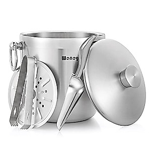 Ice Bucket with Lid, Scoop, Tongs and Strainer - Well Made Insulated Stainless Steel Keep Ice Frozen Longer - Ideal for Cocktail Bar, Parties, Chilling Wine, Champagne - 3 Liter (Stainless Steel)