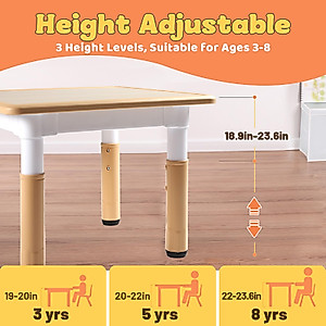 FUNLIO Adjustable Kids Table, 3 Level Height Adjustable Toddler Table for Ages 3-8, Easy to Wipe Arts & Crafts Child Table, for Classrooms/Daycares/Homes, CPC & CE Approved, 23.6 x 23.6inch - Natural