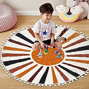 Molili Sun Boho Area Rug for Bedroom 4ft, Modern Abstract Round Nursery Rugs for Kids Room Washable Soft Circle Non-Slip Floor Rugs for Living Room Laundry Room Bathroom Home Dorm Entryway