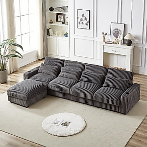 Convertible Sectional Couch Modular Sofa with Movable Ottoman,126" Upholstered Corduroy L Shaped Couch with USB Port&Cup Holder,Oversized Comfy Cloud Couch,Modern Sofa for Living Room(4 Seater,Grey)