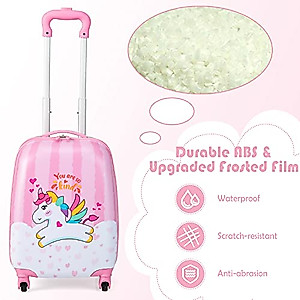 BABY JOY 2 Pcs Kids Luggage Set, 16" Toddlers Carry-on Suitcase & 12" Backpack Set, Children Travelling Case w/ 4 Casters, Retractable Handle, Lightweight Trolley Case for Boys Girls (Lovely Unicorn)