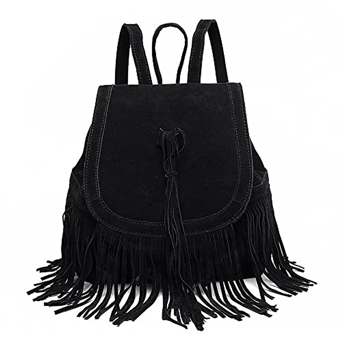 Womens Bucket Bag Drawstring Faux Suede Tassel Crossbody Shoulder Backpack (Black)