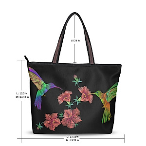Womens Tote Purse Hummingbird Tote Bag with Zipper Ladies Flower Tote Bag Hummingbird Handbag