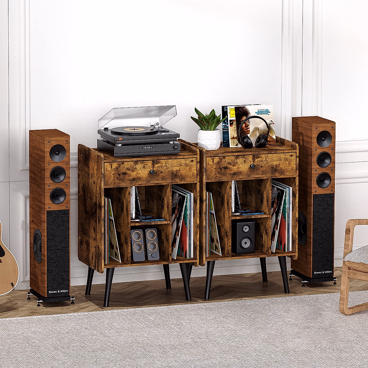 Sengroce Record Player Stand with Record Storage, Charging Station & USB Ports, Turntable Table with Drawer, Up to 165 Albums for Living Room, Bedroom