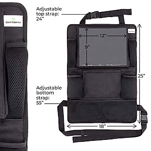 Quint Essence Heavy Duty Car Seat Organizer, Adjustable XL 12.9” Clear Touchscreen Tablet Holder, 11 Storage Pockets Kick Mats Back Seat Protector for kids, car travel accessories (2 Pack)