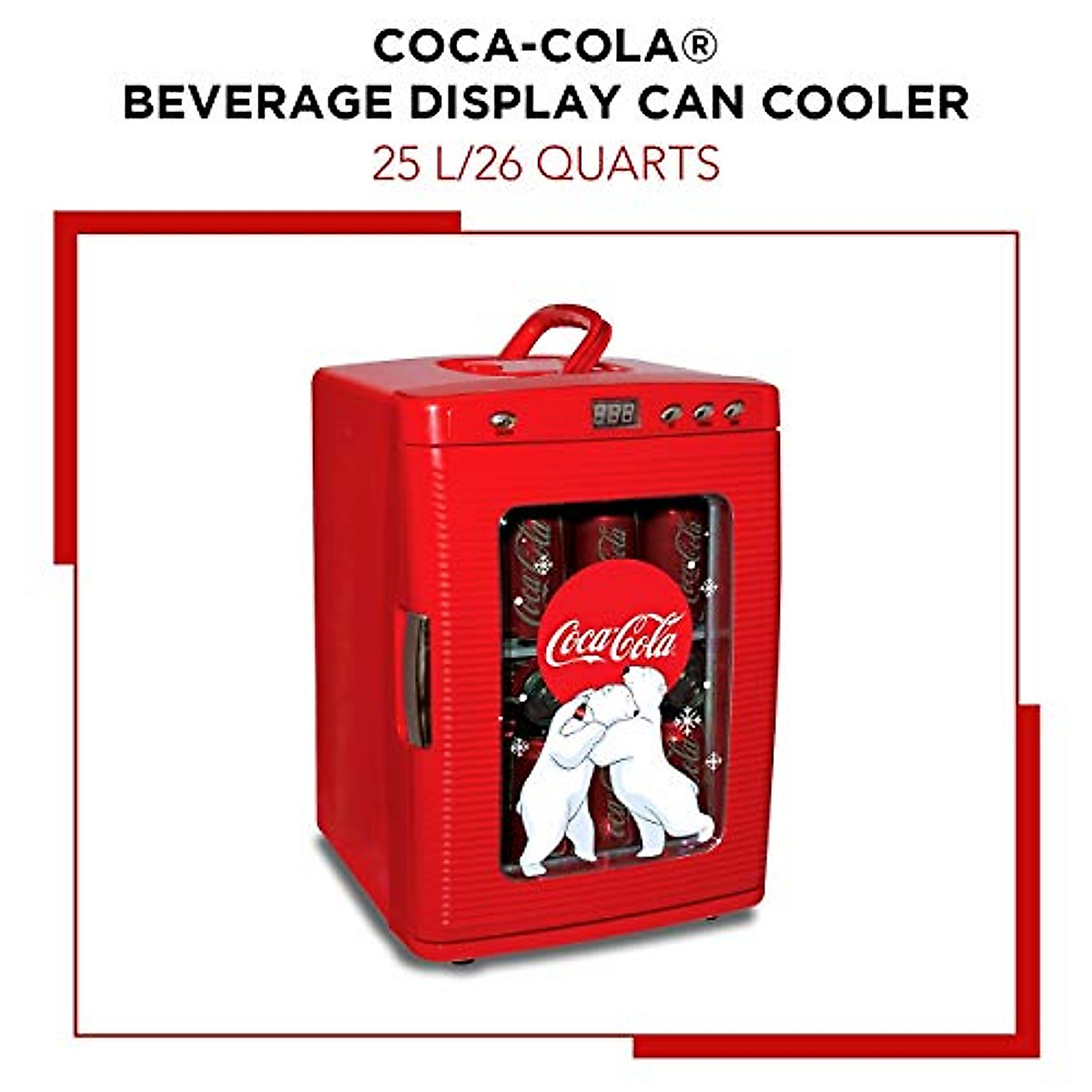 Coca-Cola Polar Bear 28 Can Cooler/Warmer w/ 12V DC and 110V AC Cords, 25L (28 qt) Portable Mini Fridge w/Display Window, Travel Refrigerator for Snacks Lunch Drinks, Desk Home Office Dorm, Red