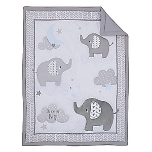 NoJo Little Love Elephant Stroll Dream Big Clouds and Stars with Chevron Border 3 Piece Nursery Crib Bedding Set - Comforter, Fitted Crib Sheet, and Crib Skirt