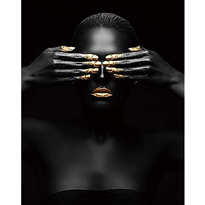 African American Wall Art Painting Black Woman Fashion Pop Gold Earrings Necklace Black Set of 4 (8”X10” Canvas Picture) Pretty Girl Room Poster Art Painting Bedroom or Room for Home Decor No Frame