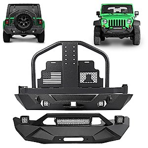 SCITOO Rront Bumper and Rear Bumper w/Tire Carrier Textured Black fit for 2007-2018 for Jeep Wrangler JK Rock Crawler Bumper w/Winch Plate with D-ring & LED Strip Light and LED Lights