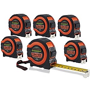 Greendale - 6 Pack of 25 ft Tape Measures / Measuring Tapes - Inches & Centimeters - Tough Outer Shell - Thumb and Quick Lock - Autowind - Belt Clip