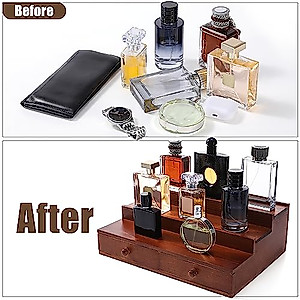 Boulphia Cologne Organizer for Men, Wooden Perfume Organizer for Dresser, Perfume Holder Cologne Stand with 3 Tier Display Shelf, Drawer and Hidden Compartment for Storing Perfumes and Accessories