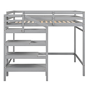 SOFTSEA Full Size Loft Bed with Hanger Wood Loft Bed with Stairs for Kids Adults