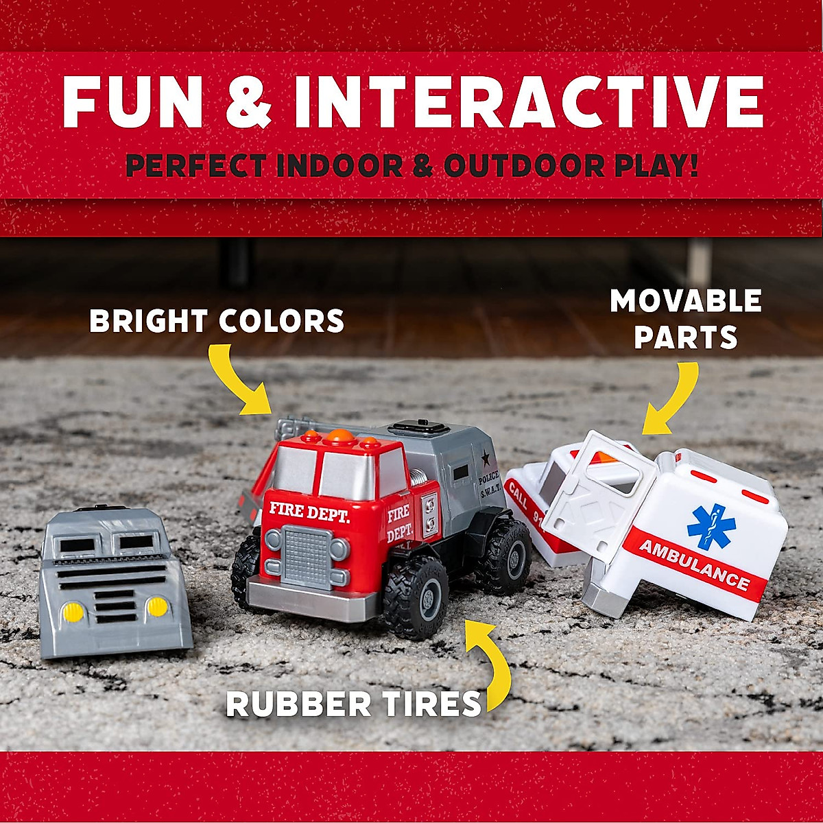Magnetic Build-A-Truck Fire and Rescue Magnetic Toy Play Set, 6 Pieces