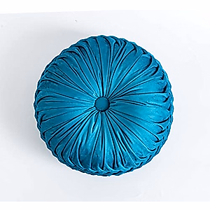 Cassiel Home Summer Home Pleated Velvet Round Throw Pillow Turqoise Summer Pintuck Decorative Pillow for Couch Sofa Bed Armchair Lounge Garden Patio Bench or Bedroom Floor Cushion 14.5 inches