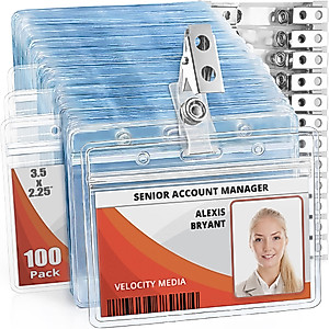 Mifflin-USA Horizontal Plastic Card Holder with Metal Clip and Vinyl Straps (Clear, 3.5x2.25 Inch, 100 Pack), Waterproof PVC ID Name Badge Holder with Clip