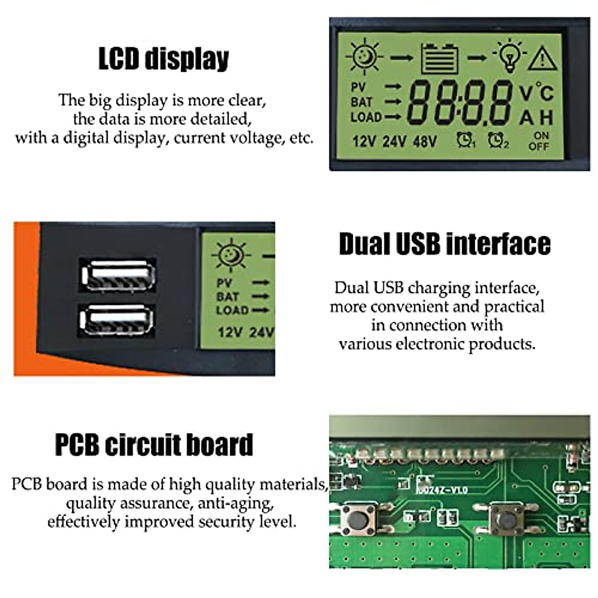 Solar Panel Controller, 30A 50V LCD Smart PWM Solar Panel Charge Controller with Dual USB IP32 Waterproof Solar Controller for Solar Green Light, Solar Light Billboards, etc.(30A)