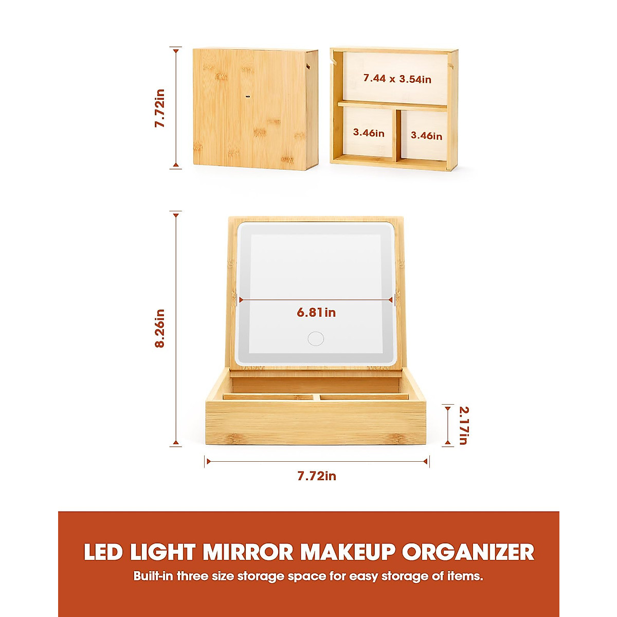 Onism Bamboo Makeup Organizer with LED Light Mirror, Cosmetic Organizer Storage for Store Cosmetics, Makeup Brushes, Jewelry, Hair Accessories, Perfect for Bathroom, Bedroom, Vanity