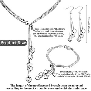 Droutti 3 Pack Italian Silver Heart Chain Necklace for Women, Long Five-line Chain Heart Love Line Necklace Link Chain Bracelet Heart Earring Jewelry Set for Birthday Anniversary Valentine's Day Gifts