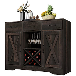 VVFLU Sideboard Buffet Cabinet with Storage Kitchen Farmhouse Coffee Bar Cabinet, Drawers, Removable Wine Rack, Wine Glass Rack, Barn Doors, Adjustable Shelves for Dinning Room, Brown (Coffee Wood)