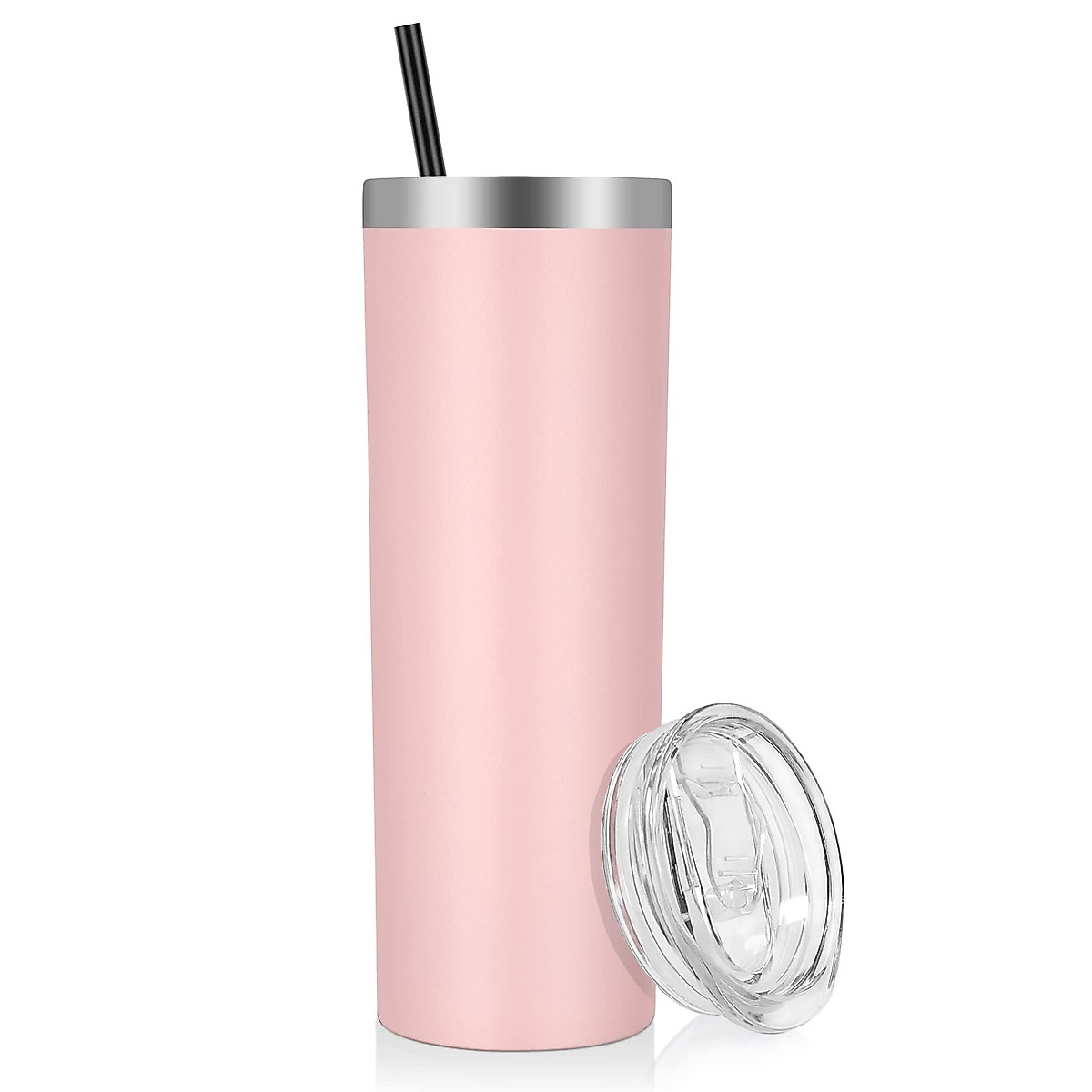 VEGOND Stainless Steel Skinny Tumbler, 20 oz Vacuum Insulated Tumbler with Lid and Straw, Double Wall Coffee Cup, Travel Mug for Cold Hot Drinks, Light Pink 1 Pack