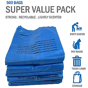 Baby Diaper Bag Disposable (500 Count, Blue) Fresh Baby Powder Scented Easy Tie Handles Bulk Diaper Sacks Disposable Dog Poop Bags Cat Litter Clump & Poop Bags Sanitary Pads Disposal Bags (500 Bags)