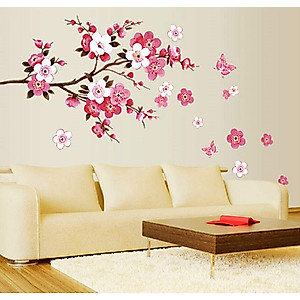 SWORNA Nature Series Branch Pink Flowers & Butterfly Removable Vinyl Mural Wall Art Decor Home Stickers Decals Bedroom/Hallway/Sitting/Living Room/Kids Nursery (29.5’’H X 65’’W, Brown & Pink,X-L)