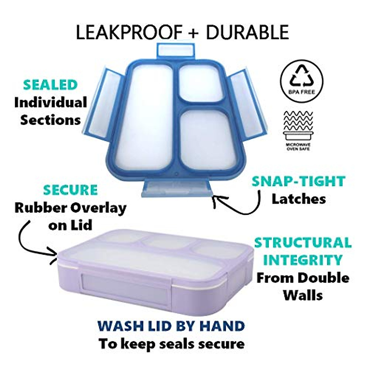 Bento Lunch Box Kids & Adult: Leakproof Lunch Containers for Boys & Girls with 3 Compartments - School, Daycare, Meal Planning Portion Control Container, BPA-Free Boxes, Utensils | Blue Purple 2 pack