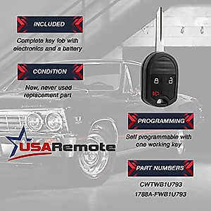 Car Key Fob Keyless Entry Remote fits Ford, Lincoln, Mercury, Mazda (CWTWB1U793 3-btn) - Guaranteed to Program