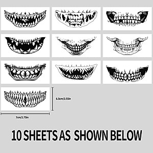 Halloween Prank Makeup Temporary Tattoo For Adults Fake Face Skeleton Scary Smile Black Big Mouth Clown Tattoo Stickers For Women Man Kids Accessories Cosplay Party Masquerade Props 10pcs