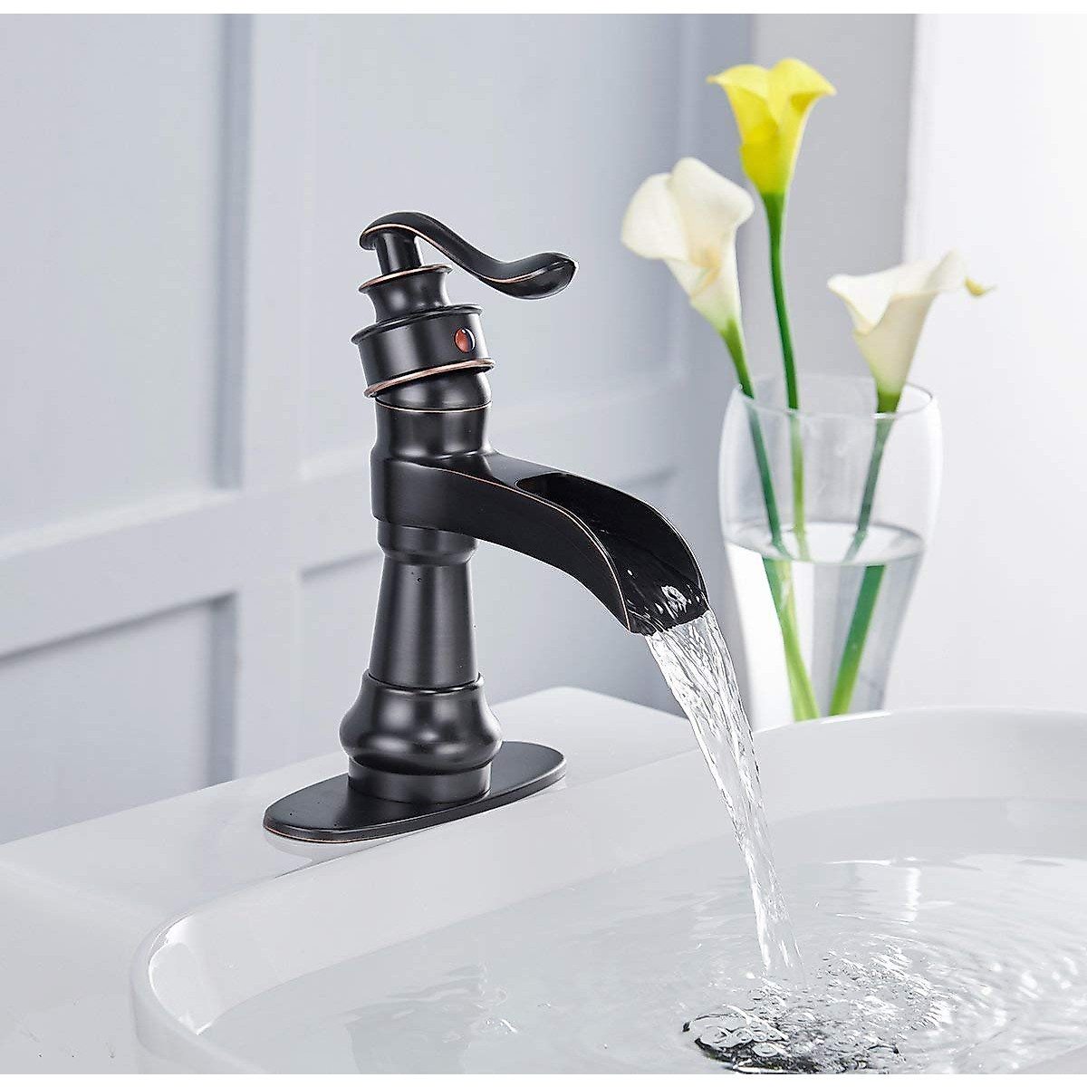 BATHFINESSE Oil Rubbed Bronze Deck Mounted Single-Handle Lavatory Faucet with Pop Up Drain Stopper and Overflow, Ideal for Sink and Bathroom