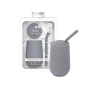 ezpz Happy Cup + Straw System - 24 months+ (Gray) - 100% Silicone Cup + Straw for Older Toddler + Preschoolers