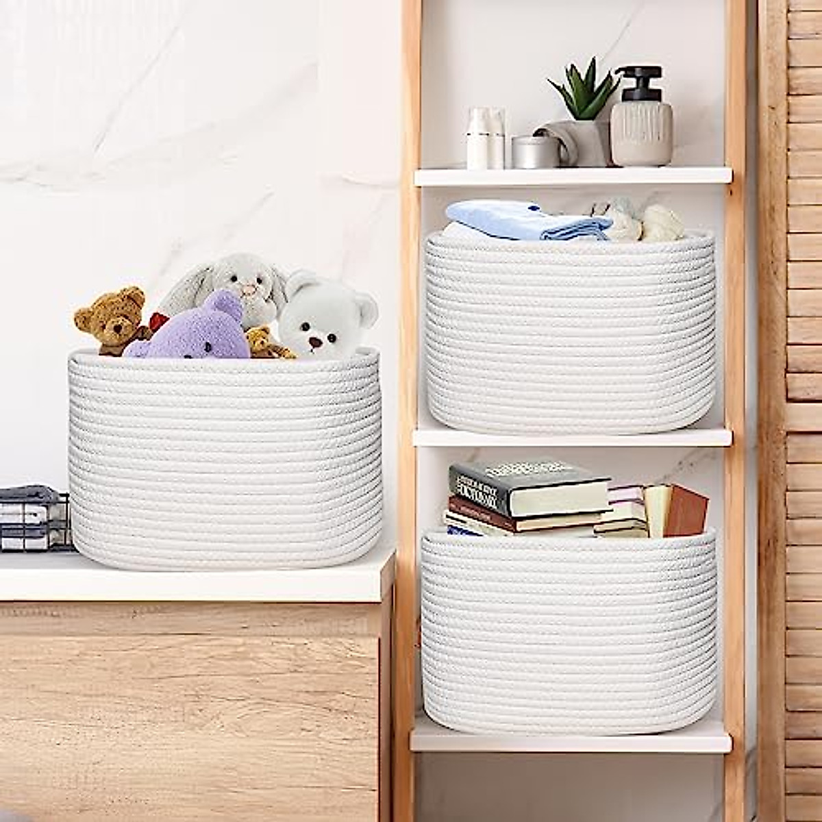 Andhuhu Storage Basket Set of 3, Soft Woven Basket 13"x8.66"x7.87", Blanket Basket Living Room Towel Basket, Cotton Rope Basket With Handles, Cloth Storage Bins for Organizing Nursery Toys, White