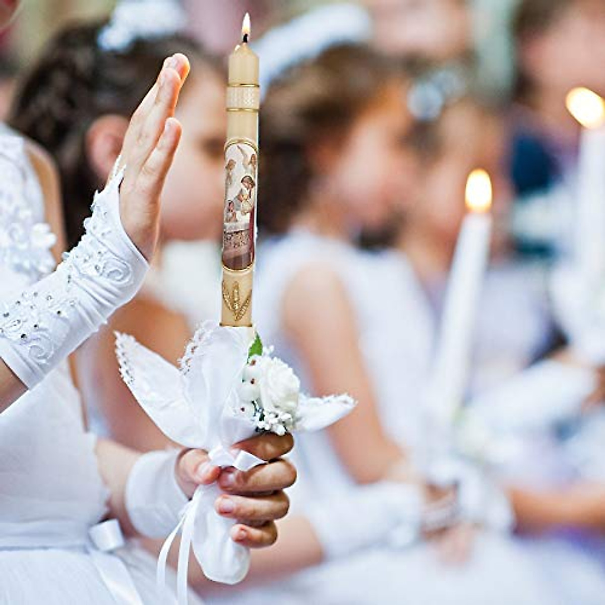 First Holy Communion Gifts for Girls, Hand Decorated Taper Candle with Image of Jesus Little Girl and Angels, Keepsake Gift Sacrament Celebration 9.75 Inches