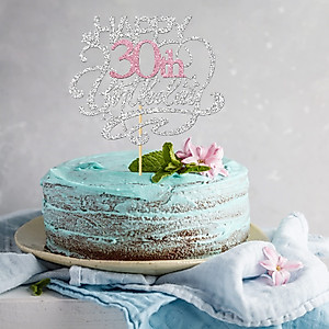 MonMon & Craft Happy 30th Birthday Cake Topper/Cheers to 30 Years/Women Girls 30th Birthday Party Decor Supplies - Silver & Pink Glitter (30th)