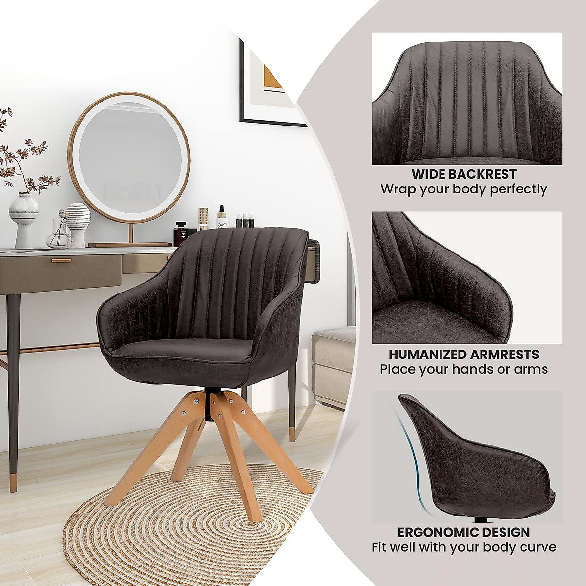 Giantex Swivel Accent Chair for Desk - Set of 2 Armchair Without Wheel, Leathaire Fabric Padded Comfy Mid Century Modern Desk Chair for Home Office Study Meeting Room Small Space, Brown