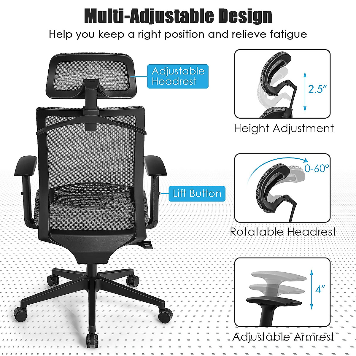 GOFLAME Ergonomic Mesh Office Chair, Swivel Executive Chair with Reclining High Backrest, Rotatable Headrest, Clothes Hanger and Lumbar Support, Height Adjustable Computer Desk Chair (Gray)