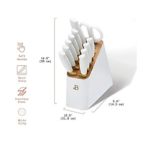12 Piece Knife Block Set with Soft-Grip Ergonomic Handles White and Gold by Drew Barrymore