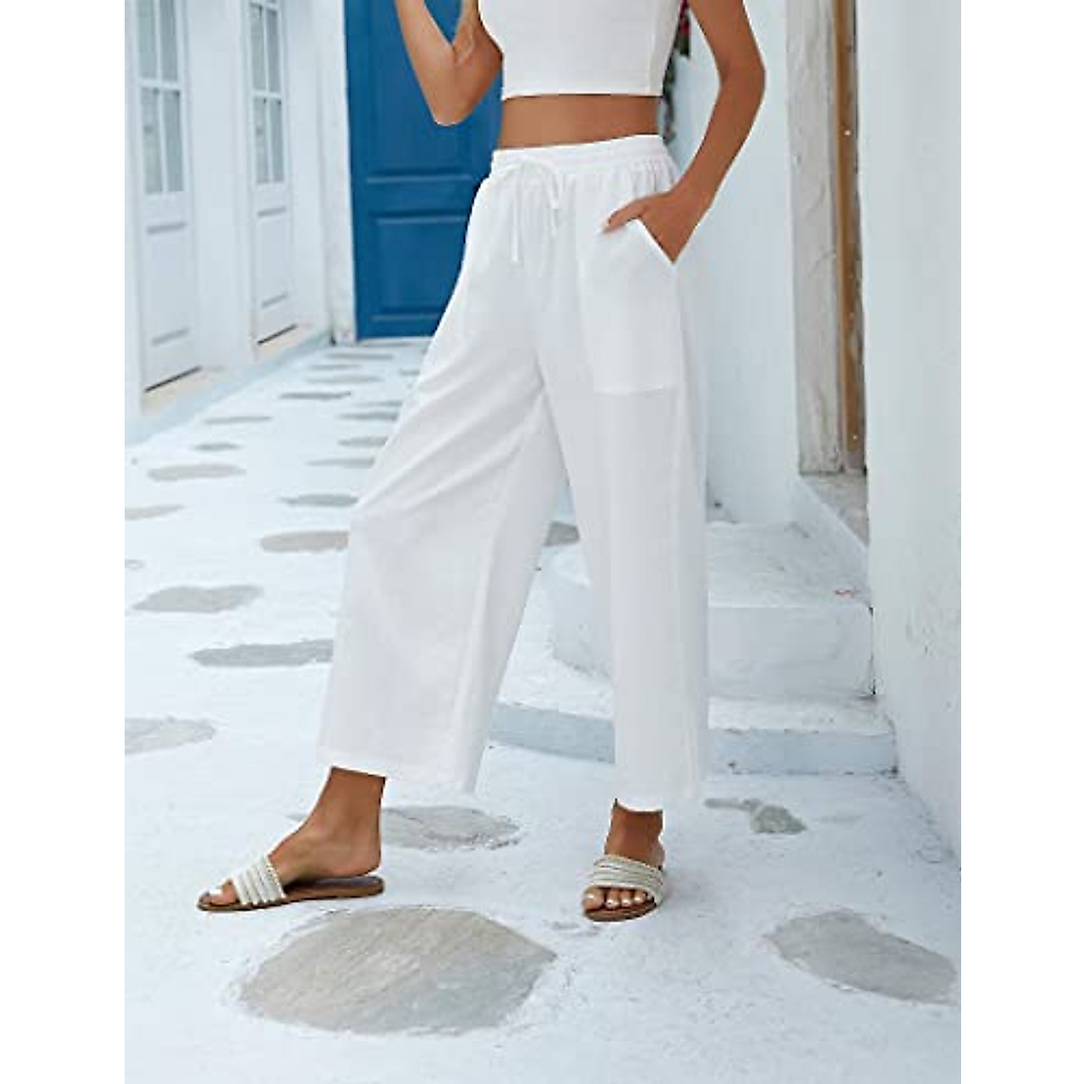 Zeagoo Women's Summer Cotton Linen Palazzo Pants Drawstring Waist Wide Leg Pocket Loose Casual Trousers White M