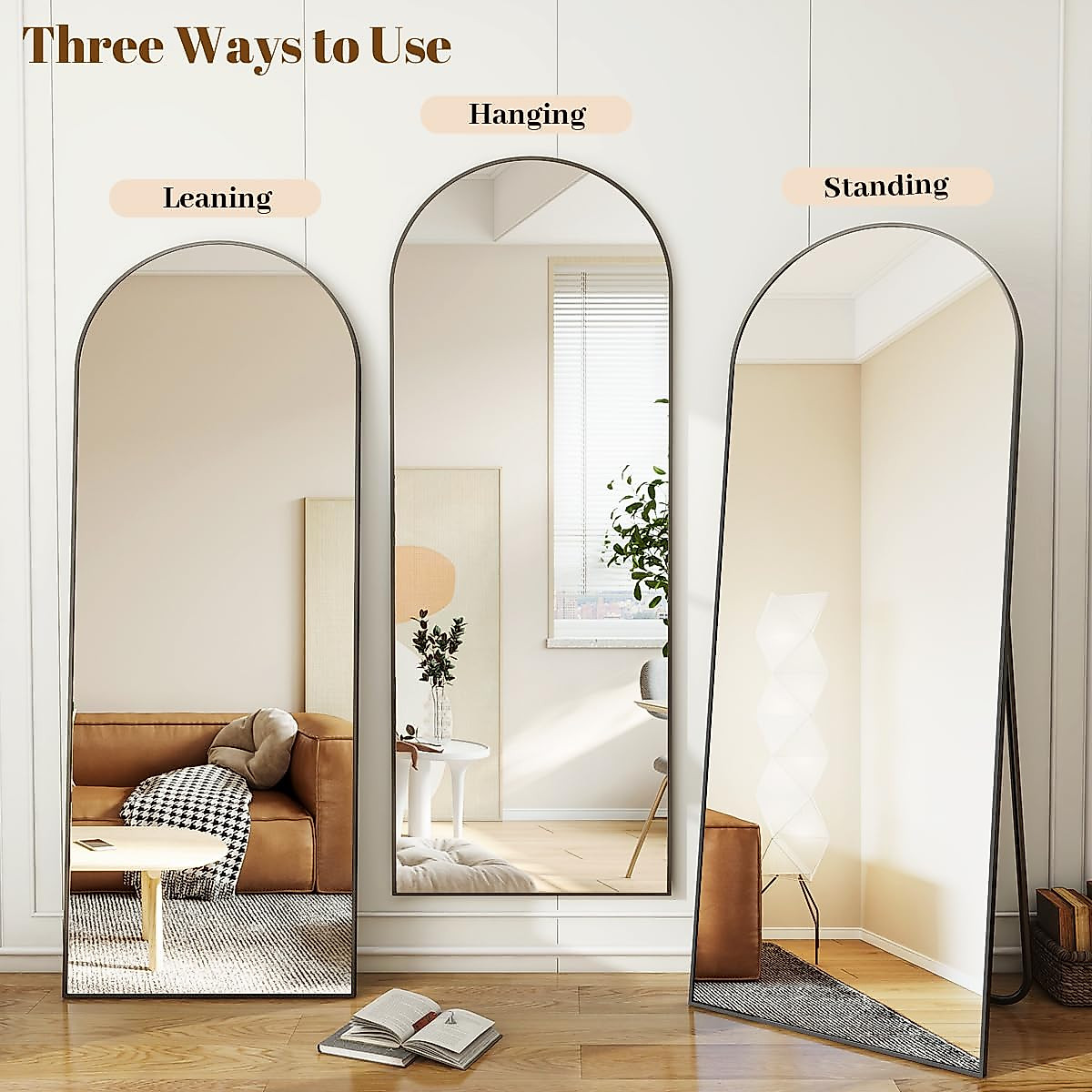 Koonmi Arched Full Length Mirror, 64"x21" Black Standing Hanging or Leaning Full Body Mirror with Aluminum Alloy Frame for Living Room and Bedroom