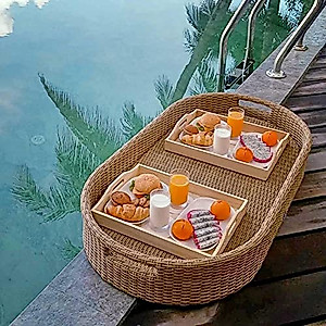 Rattan Woven Serving Tray Food Tray with Handles Luxury Floating Serving Tray Table Swimming Pool Floating Tray for Pool Serving for Wedding Photography Photo Shoot (Color : Khaki)