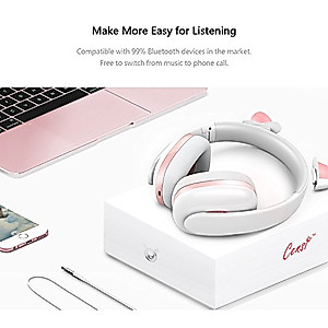 Censi Music Headset Headphone Creative Cat Ear Stereo Over-Ear Game Gaming Bass Headset Noise Canceling Headband Earphone with MIC Rechargeable Port for Bluetooth 4.0 Device (White, Blutooth)